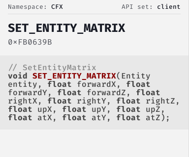 SetEntityMatrix - FiveM Natives @ Cfx.re Docs