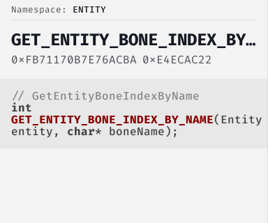 GetEntityBoneIndexByName - FiveM Natives @ Cfx.re Docs