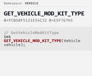 GetVehicleModKitType - FiveM Natives @ Cfx.re Docs