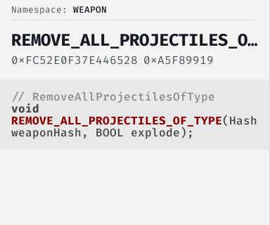 RemoveAllProjectilesOfType - FiveM Natives @ Cfx.re Docs