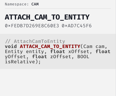 AttachCamToEntity - FiveM Natives @ Cfx.re Docs